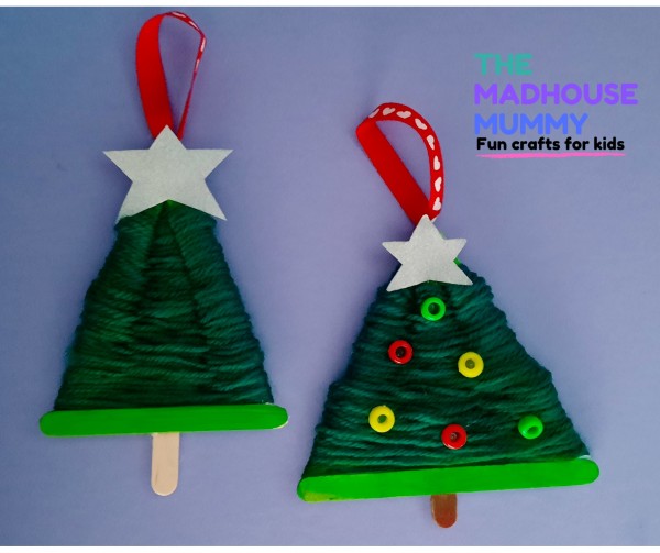 Yarn weaving Christmas tree decorations - This Crafty Family