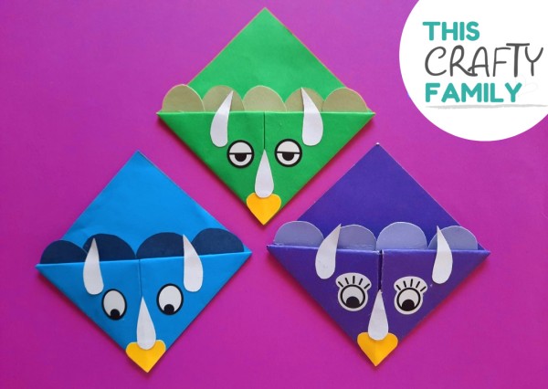 Triceratops dinosaur corner bookmarks. - This Crafty Family - craft 4 kids